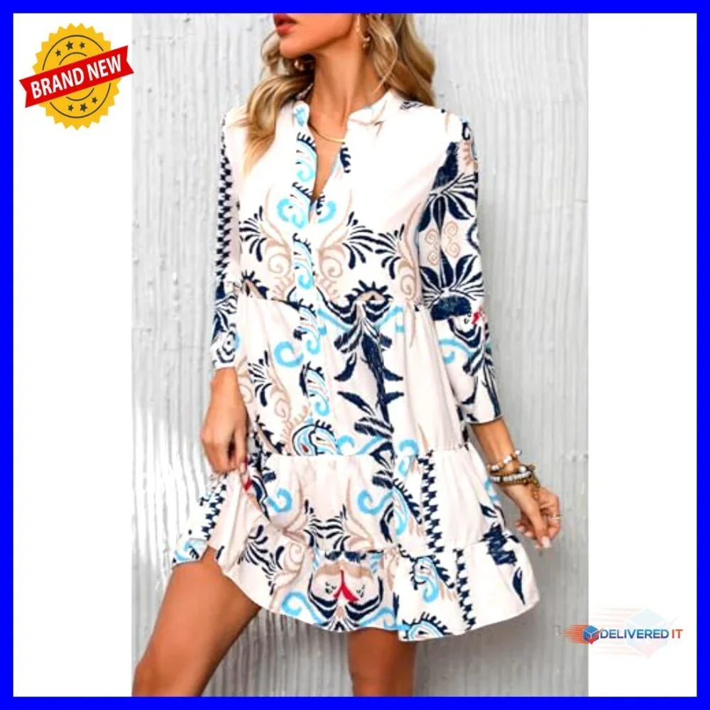 Dresses | Long Sleeve V Neck Tribal Print Boho Mini Dress Button Flowy ...
